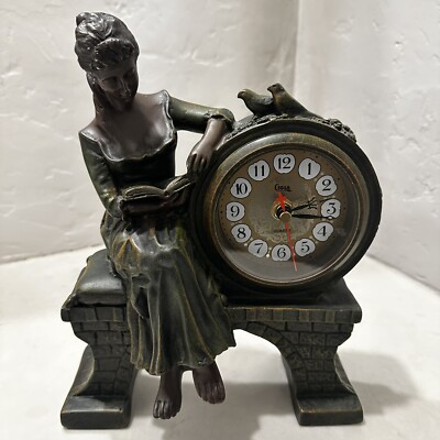 Crosa Quartz Bronze Metal Mantel Clock Lady Reading A Book Birds ...