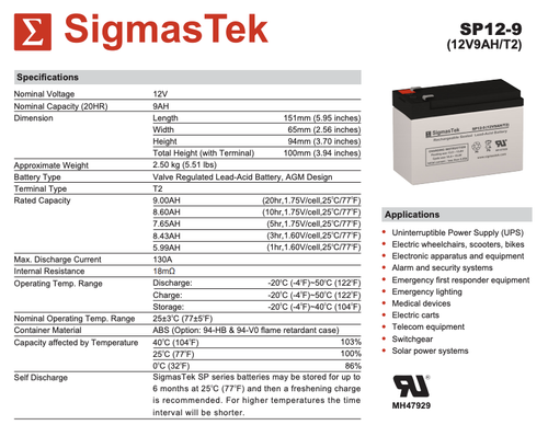Jupiter Batteries JB12-009F2 SLA Battery Replacement By SigmasTek, 12V ...