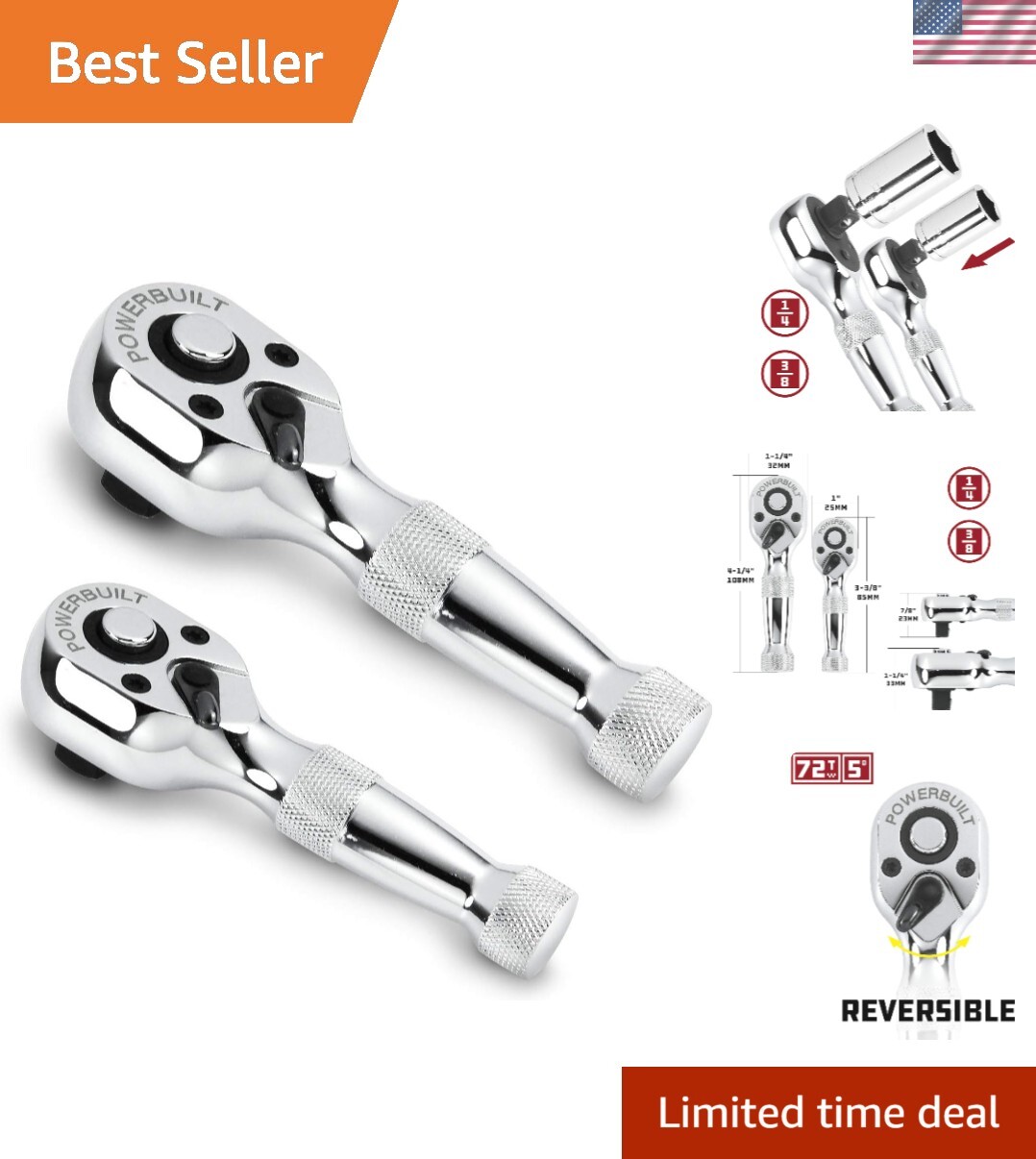 Premium 2-Piece Stubby Ratchet Set - 1/4 & 3/8 Inch Reversible 72-Tooth ...