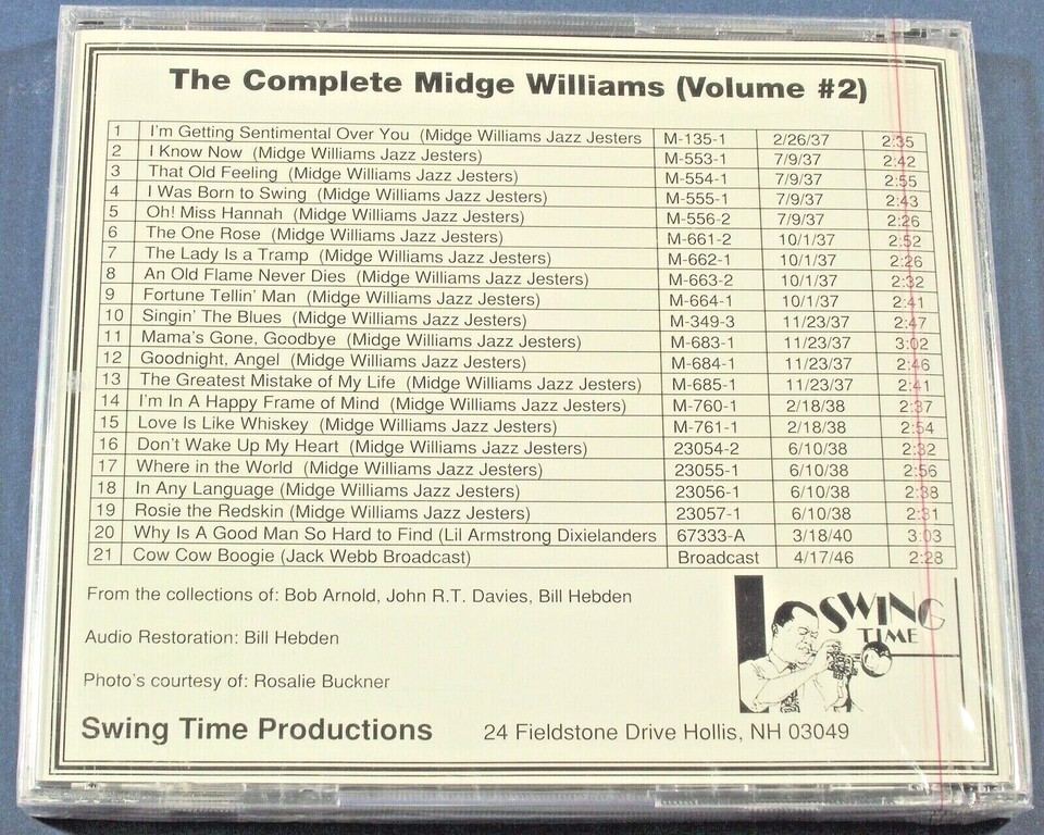 The Complete Midge Williams Volume 2 CD NEW SEALED Rare OOP Jazz Swing ...