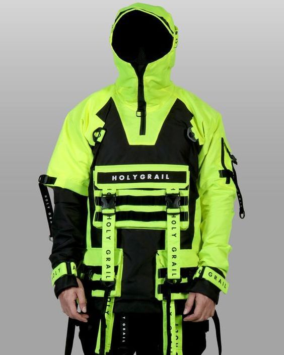 Men's Techwear Neon Green Jacket Hoodie Full Zip Buckle H G - A.N.R.X V ...