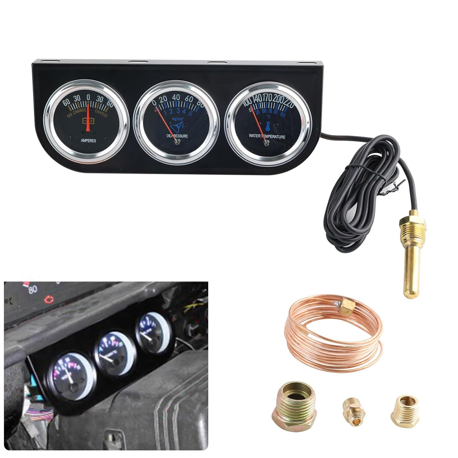 2" 52mm Car 3 in 1 Triple Gauge Set Kit AMP Meter Water Temp Oil ...