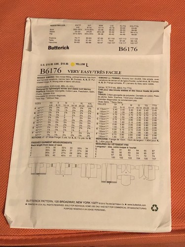 BUTTERICK B6176 Sz L-XXL LOOSE FITTING UNLINED KIMONO TOP PATTERN | eBay
