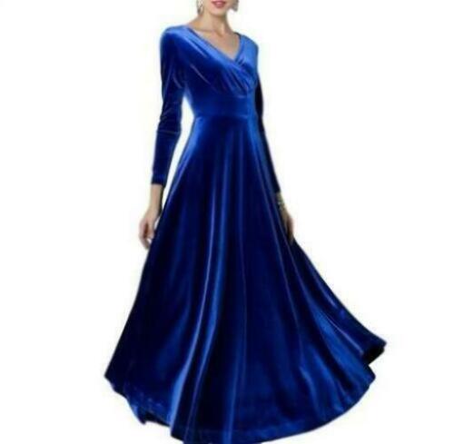 Womens Velvet Long Dress Long Sleeve Sexy V Neck A Line Elegant