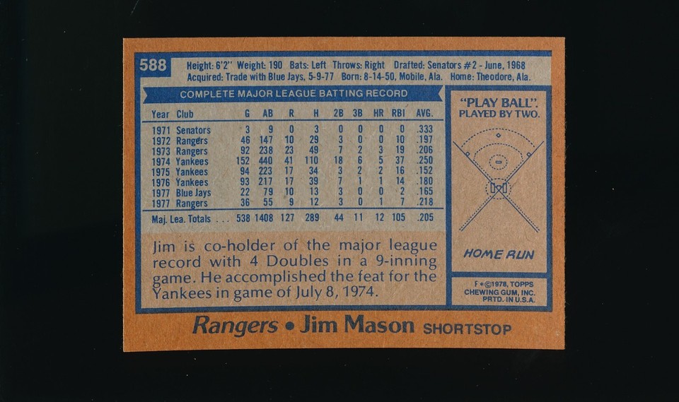 1978 Topps #588 Jim Mason * Shortstop * Texas Rangers * NM * | eBay
