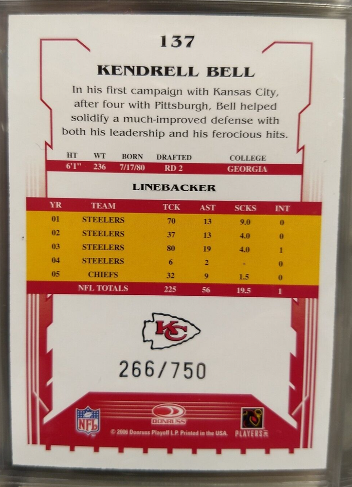 2006 Score Football - Kendrell Bell (#137) Scorecard parallel card 266/ ...