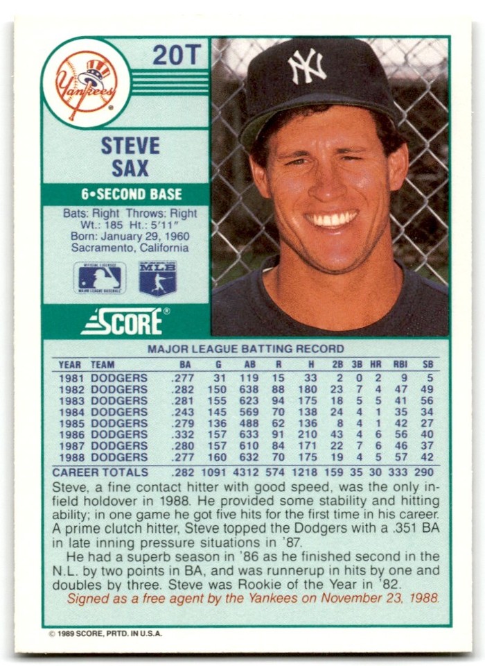 1989 Score Rookie & Traded Steve Sax New York Yankees #20T | eBay