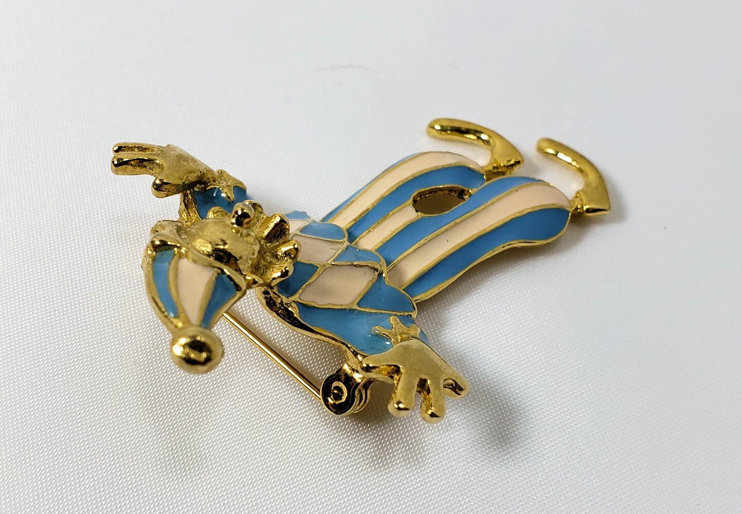 Gold Tone Enamel Jester or Clown Brooch Pin With Dang… - Gem