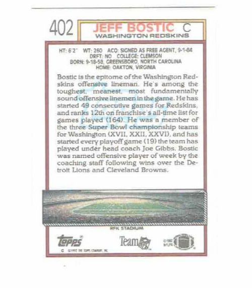 Jeff Bostic Washington C #402 Topps 1992 Football Card | eBay