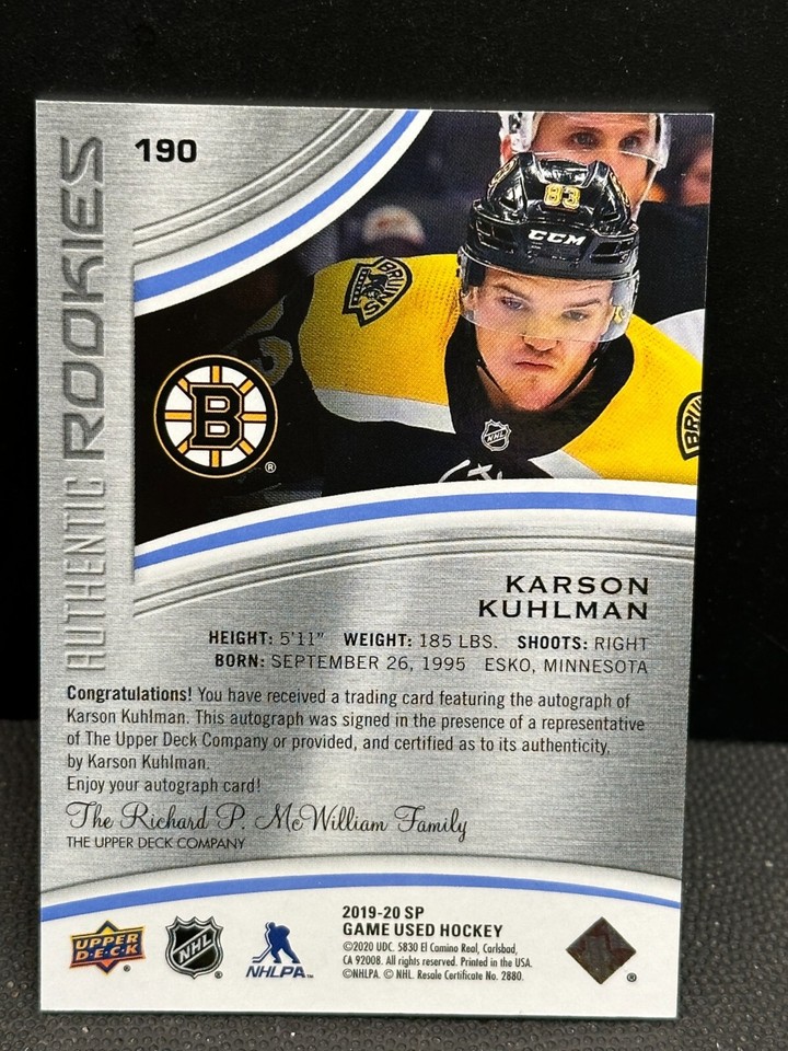 Karson Kuhlman 2019-20 SP Game Used Authentic Rookies Auto Rookie RC ...
