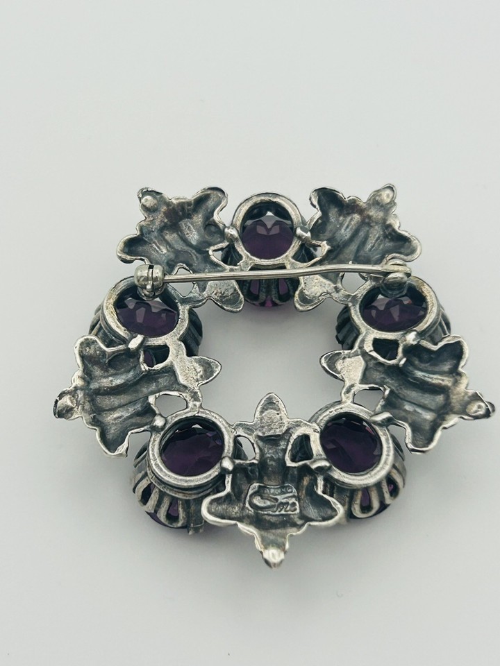Vintage Cini Solid 925 Sterling Silver Fleur de Lis Brooch Purple Glass ...