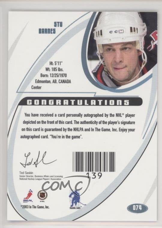 2002-03 ITG Be A Player Signature Series Signatures Stu Barnes #074 ...