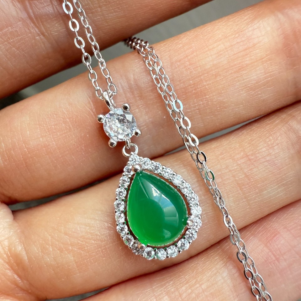 925 Sterling Silver Necklace 10x7mm Emerald Zircon Teardrop Handmade ...