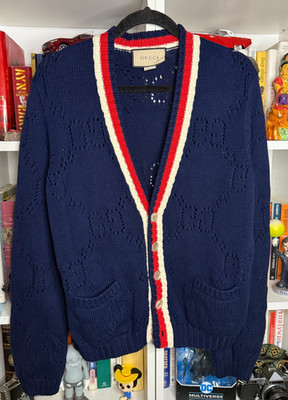 Authentic GUCCI Cardigan Perforated GG Cotton Cardigan in Blue | eBay