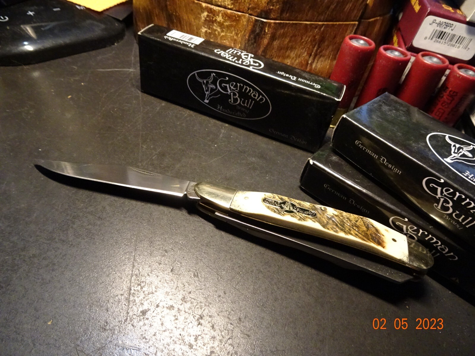 GERMAN BULL 4 1/2" POCKET KNIFE STAG HANDLE LARGE TRAPPER 2- 440HC ...