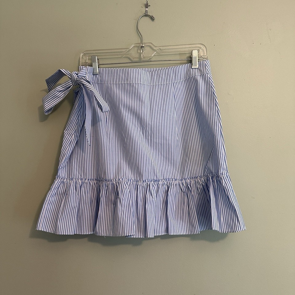 Striped Wrap Skirt Floral Embroidered Ruffle Hem Tie Waist Mini ...