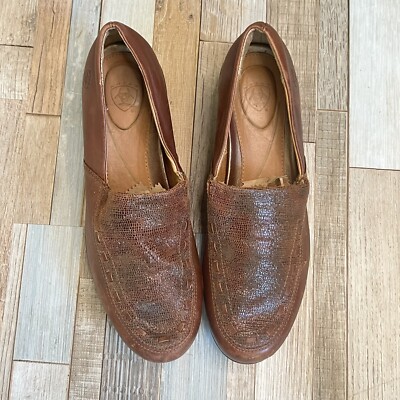 ARIAT Womens Shoes Brown Leather Wedge Slip On Slides Mules Clogs Size ...