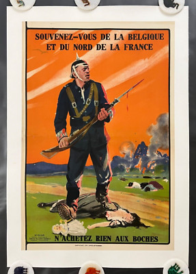WWI WW1 Original War Poster Remember Belgium France Anti German Hun ...