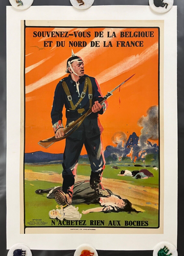 WWI WW1 Original War Poster Remember Belgium France Anti German Hun ...