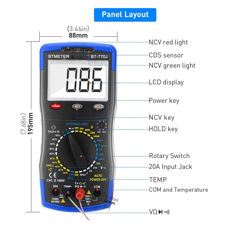 Digital Automotive Multimeter Engine Analyser 20A DWELL Tach RPM Temp ...