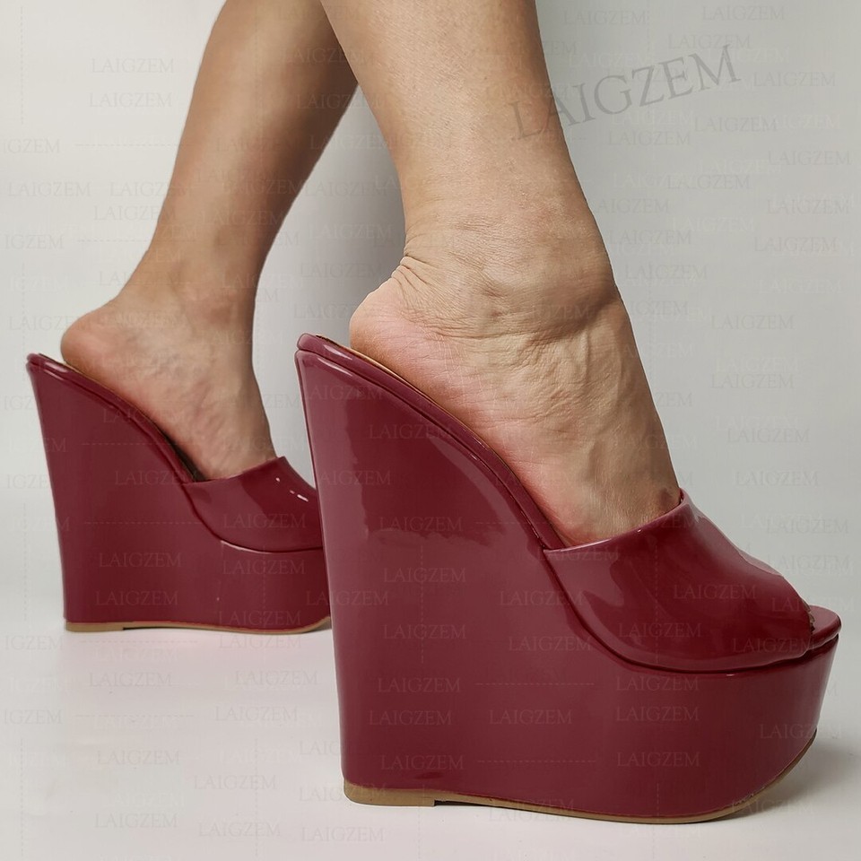 Women Pumps Platform Wedges Shiny Peep Toe Slip On Mules High Heels ...