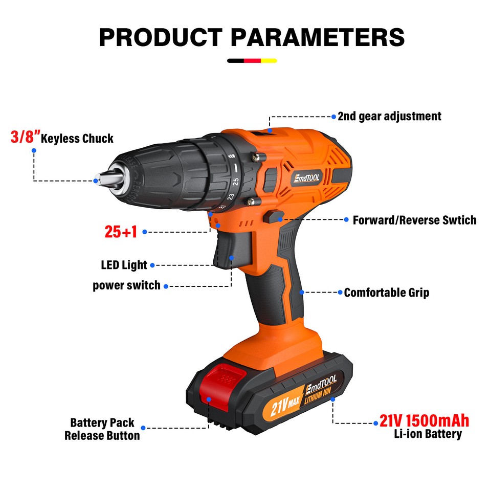 EMDTOOL 21V Cordless Drill Set Electric Combi Driver Screwdriver Power ...