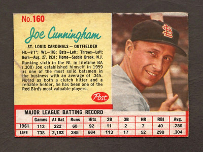 1962 Post Cereal Baseball Card #160 Joe Cunningham – St. Louis ...