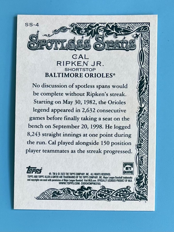 Cal Ripken Jr. 2023 Topps Allen & Ginter Spotless Spans #SS-4 Baltimore ...