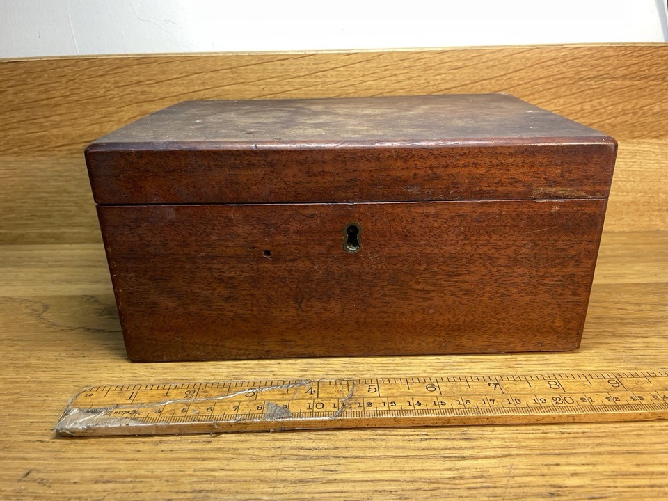 Antique wooden box with marbled inner paper and lower pencil drawer ...