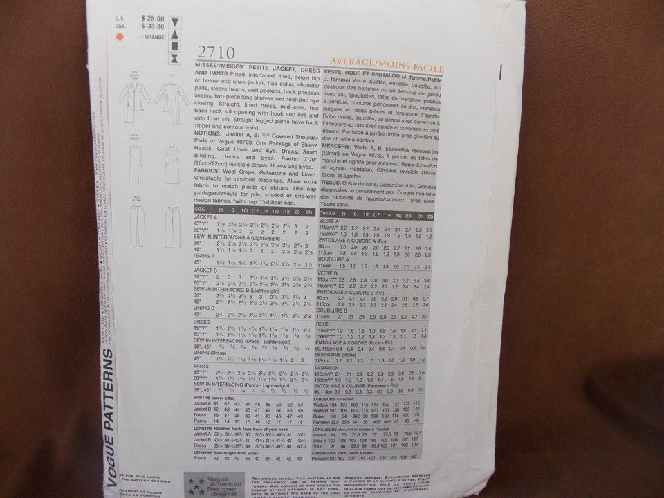 Vogue Misses/Misses Petite Jacket, Dress & Pants Sizes 18-22 Uncut ...