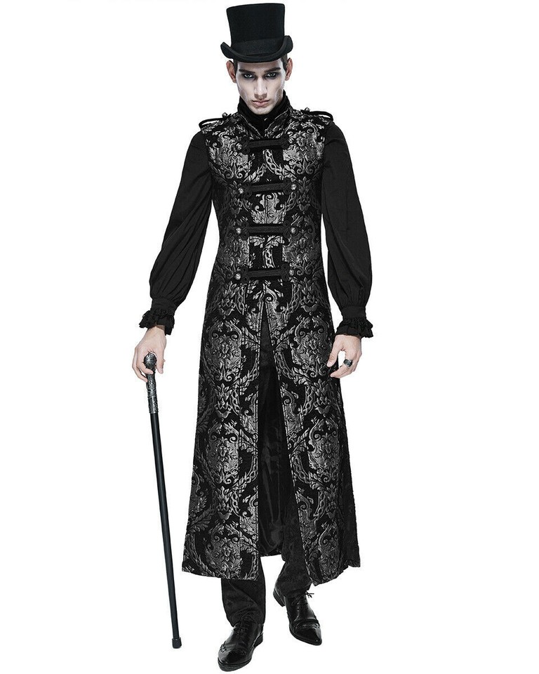 Devil Fashion Mens Long Goth Waistcoat Coat Jacket Black Silver Damask ...