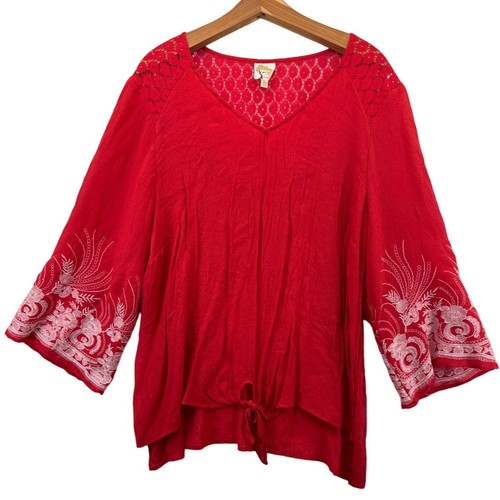 Fig & Flower Womens Tunic Top Sz 3X Red Embroidered Boho Lace Detail ...