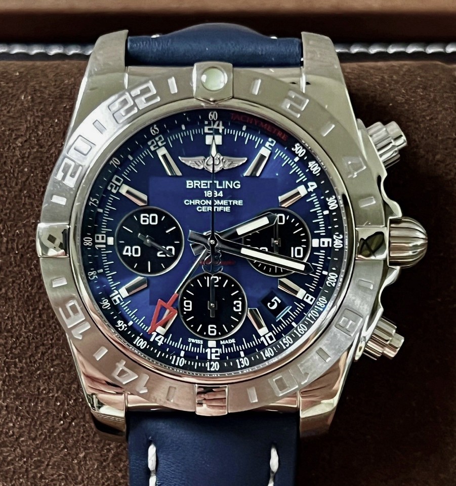New Breitling Chronomat 44 GMT•Black Eye Blue Dial•Blue Leather Strap ...