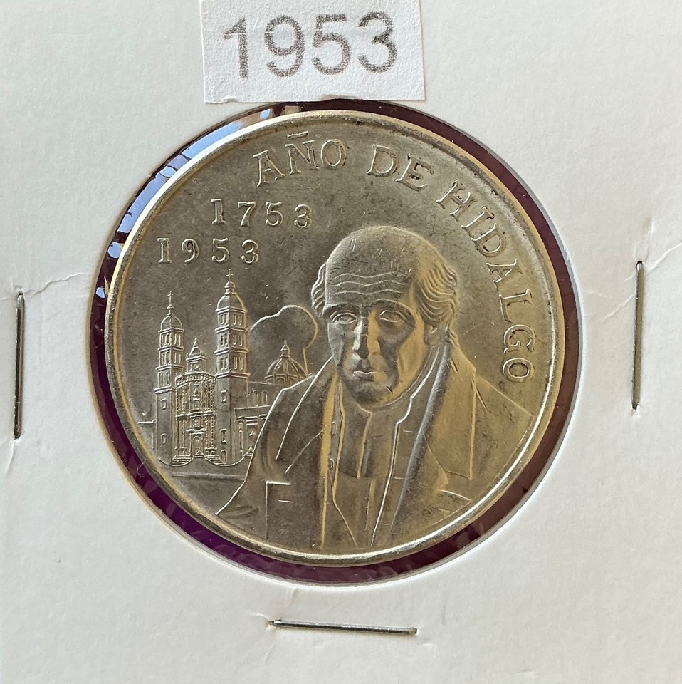MEXICO 1953 SILVER $5 PESOS HIDALGO BICENTENNIAL LEY 0.720 CONDITION AU ...