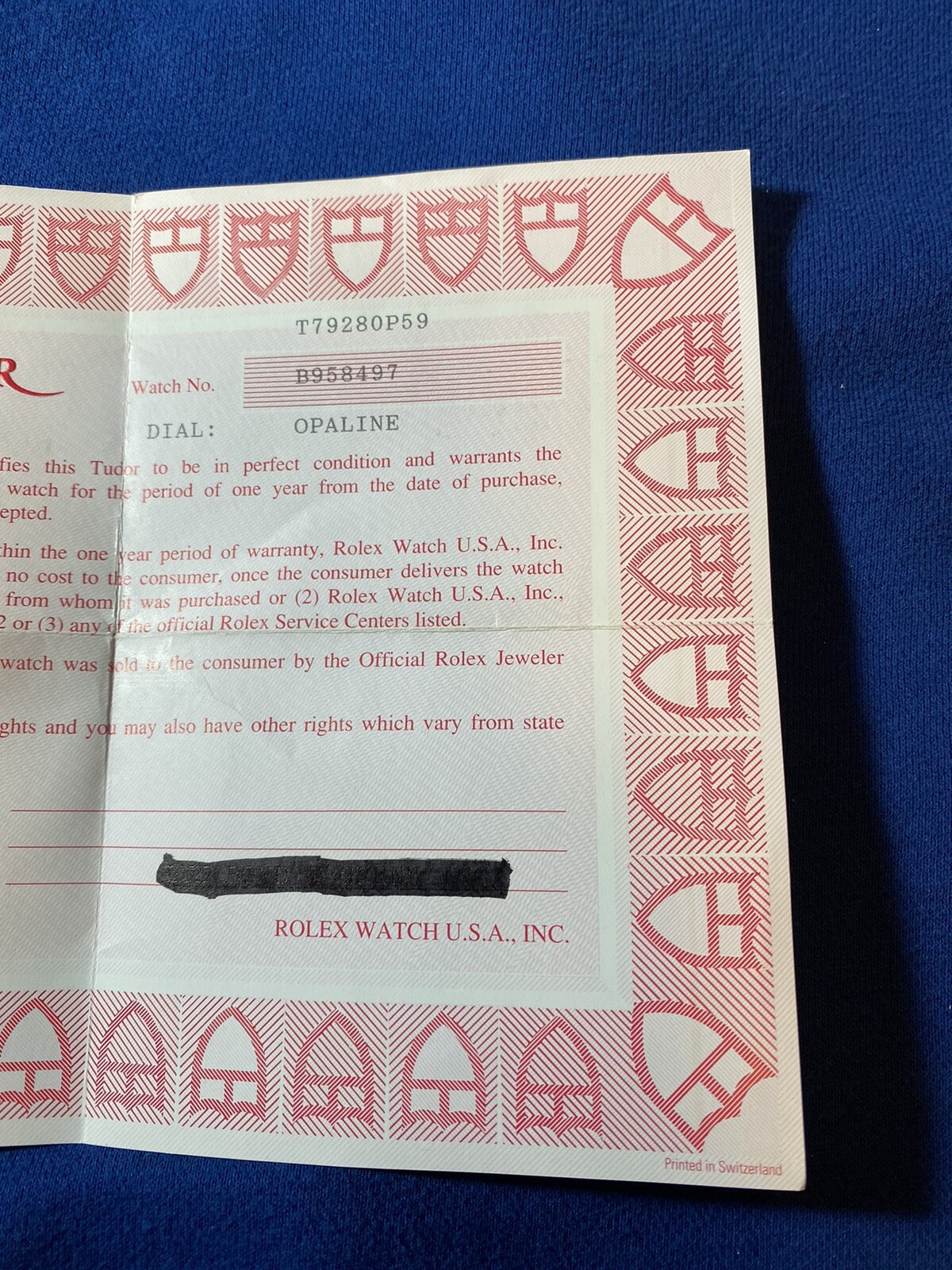 Tudor Certificate Guarantee Warranty For a B serial Price Date Tiger ...