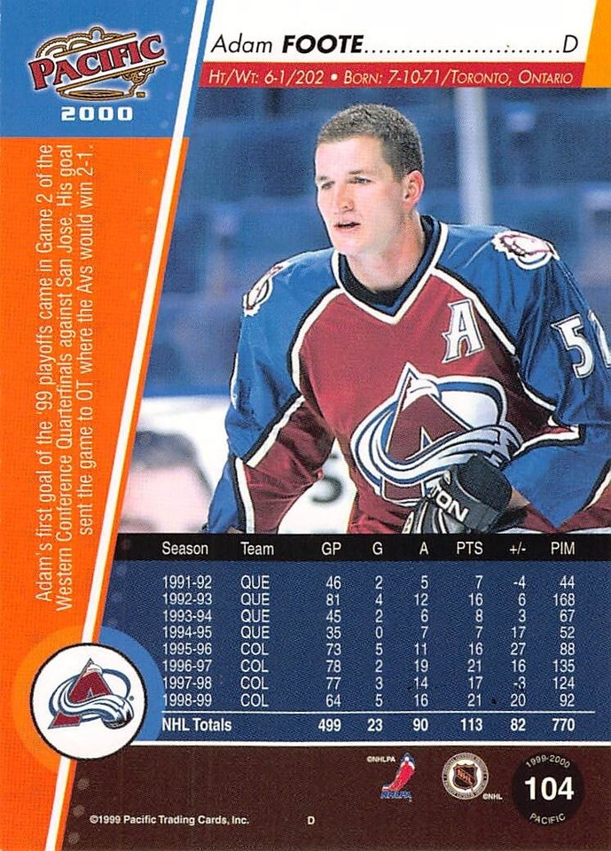 1999-00 Pacific Gold Hockey Adam Foote #104 /199 NM/MT COLORADO ...