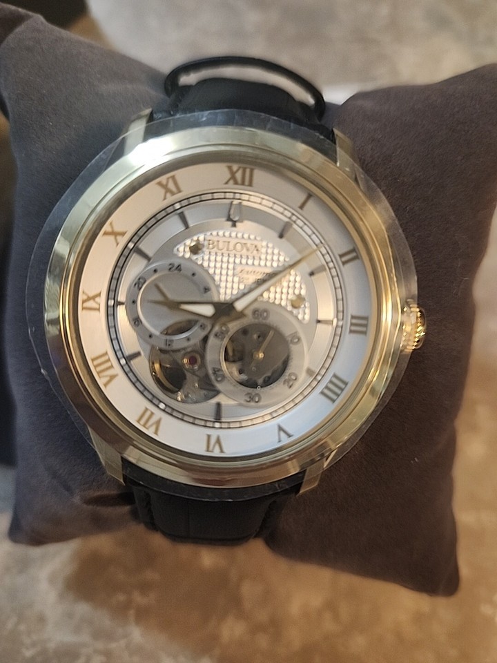 🔥 BULOVA SUTTON GOLD STAINLESS AUTOMATIC 4-HAND WATCH OPEN HEART ...