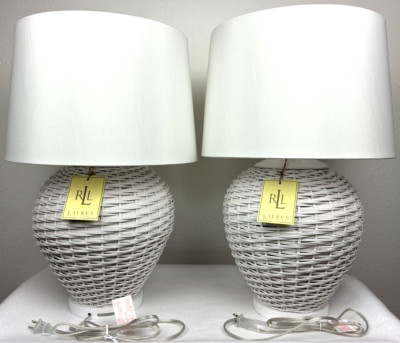 RALPH LAUREN HOME White Rattan Table Lamp Set SHADE Basketweave Wood ...