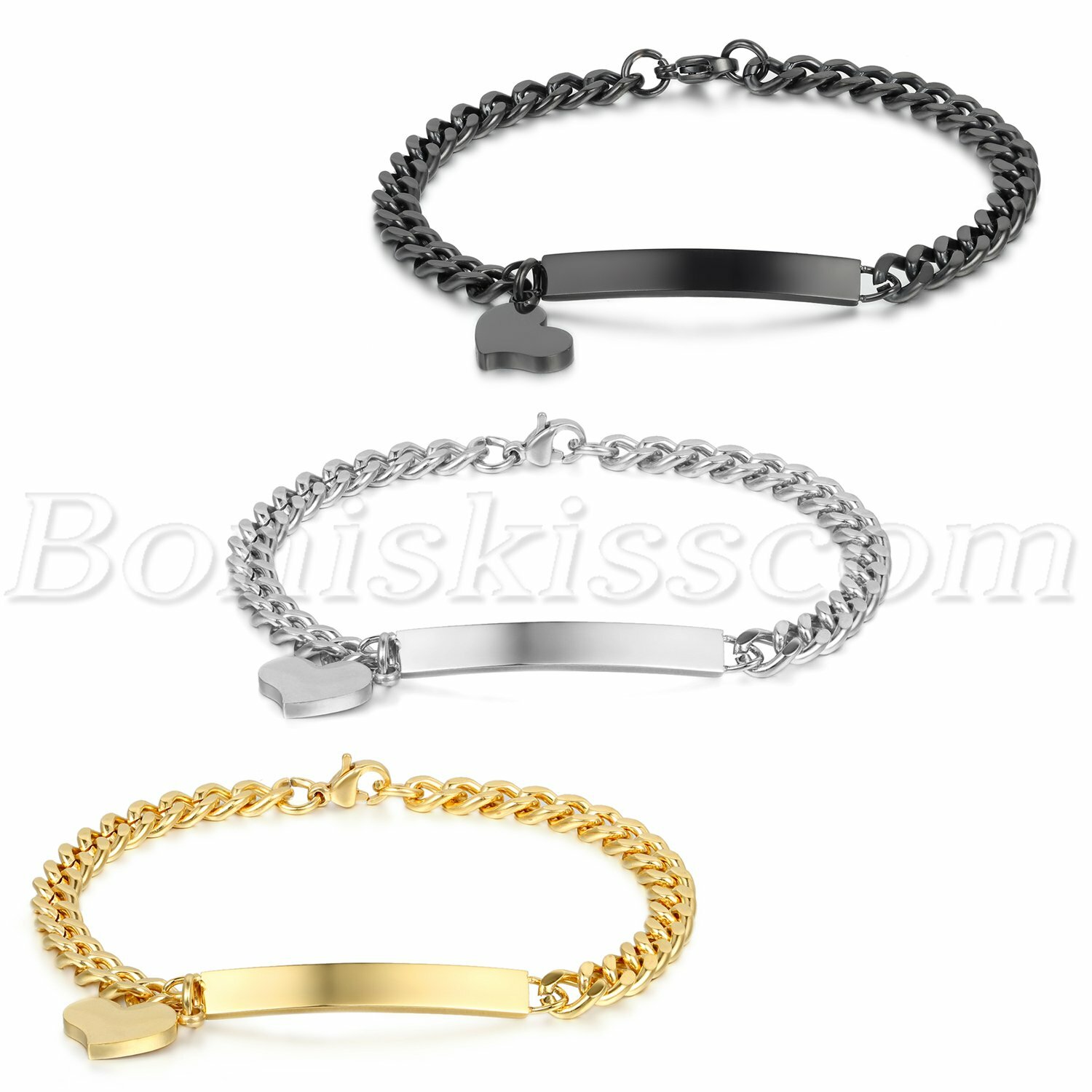 Women's Polished Stainless Steel Love Heart Charm Bracelet Chain Bangle ...