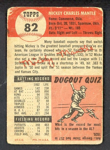 1953 TOPPS # 82 MICKEY MANTLE YANKEES LOW GRADE 538604 (KYCARDS) | eBay