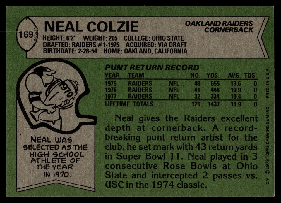 1978 Topps Neal Colzie #169 Oakland Raiders RC Football Card | eBay