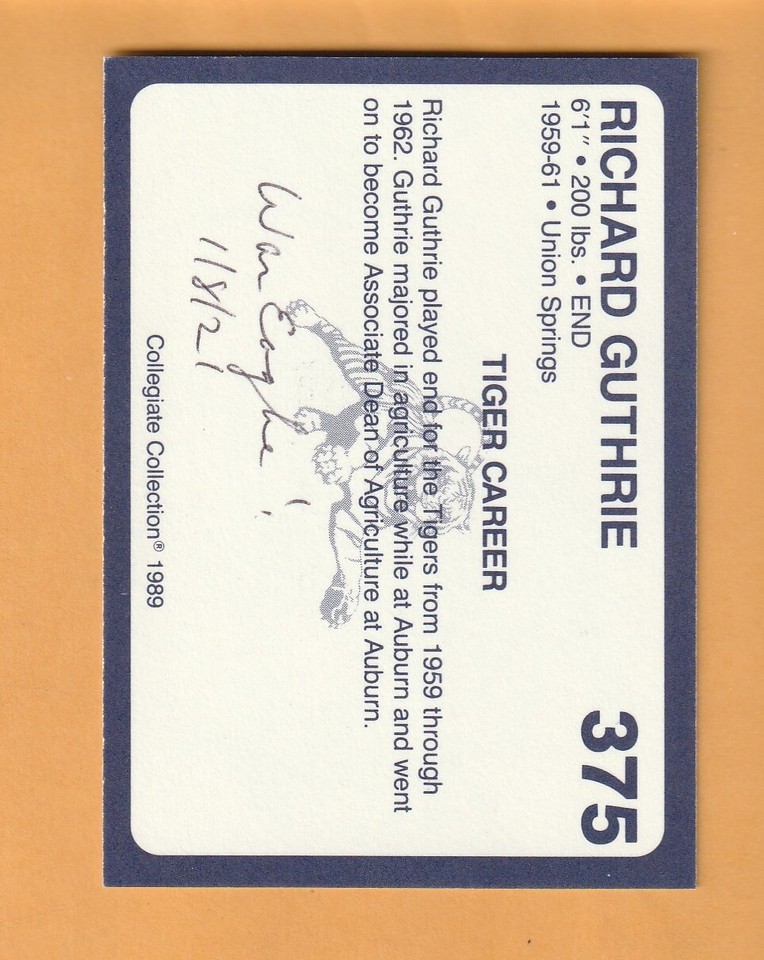 Richard Guthrie Auburn Tigers AUTO Signed 1989 Card Union Springs ...