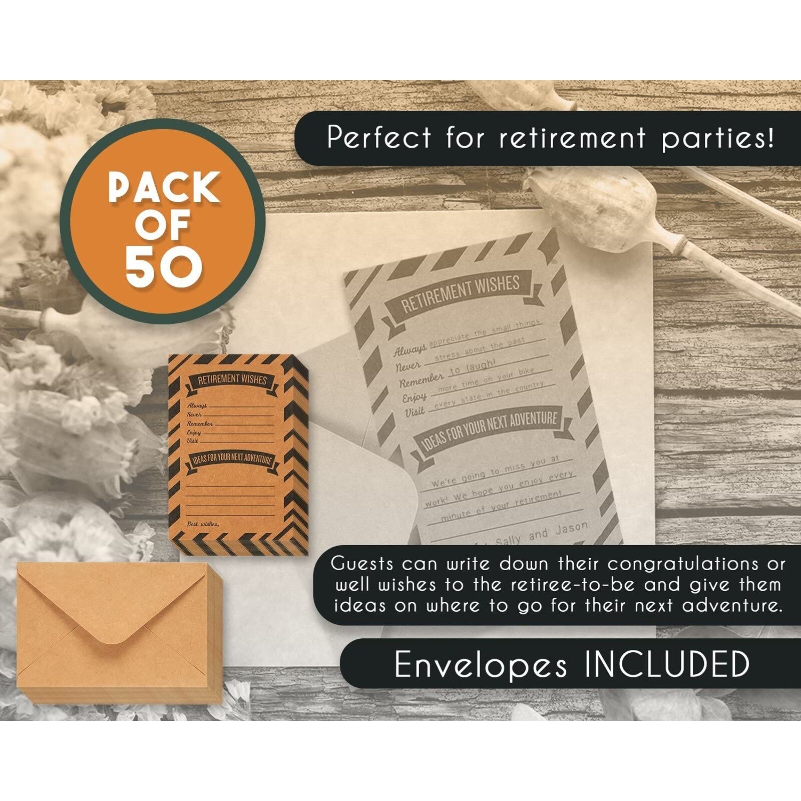 50 Pack Kraft Happy Retirement Cards with Wish and Advice, Bulk with ...