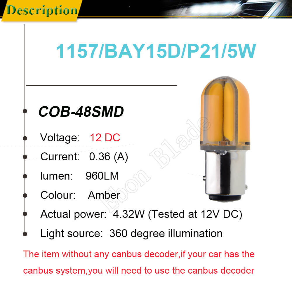 2 X 1157 BAY15D LED Car Light Silica COB SMD P21/5W Amber Yellow Auto ...