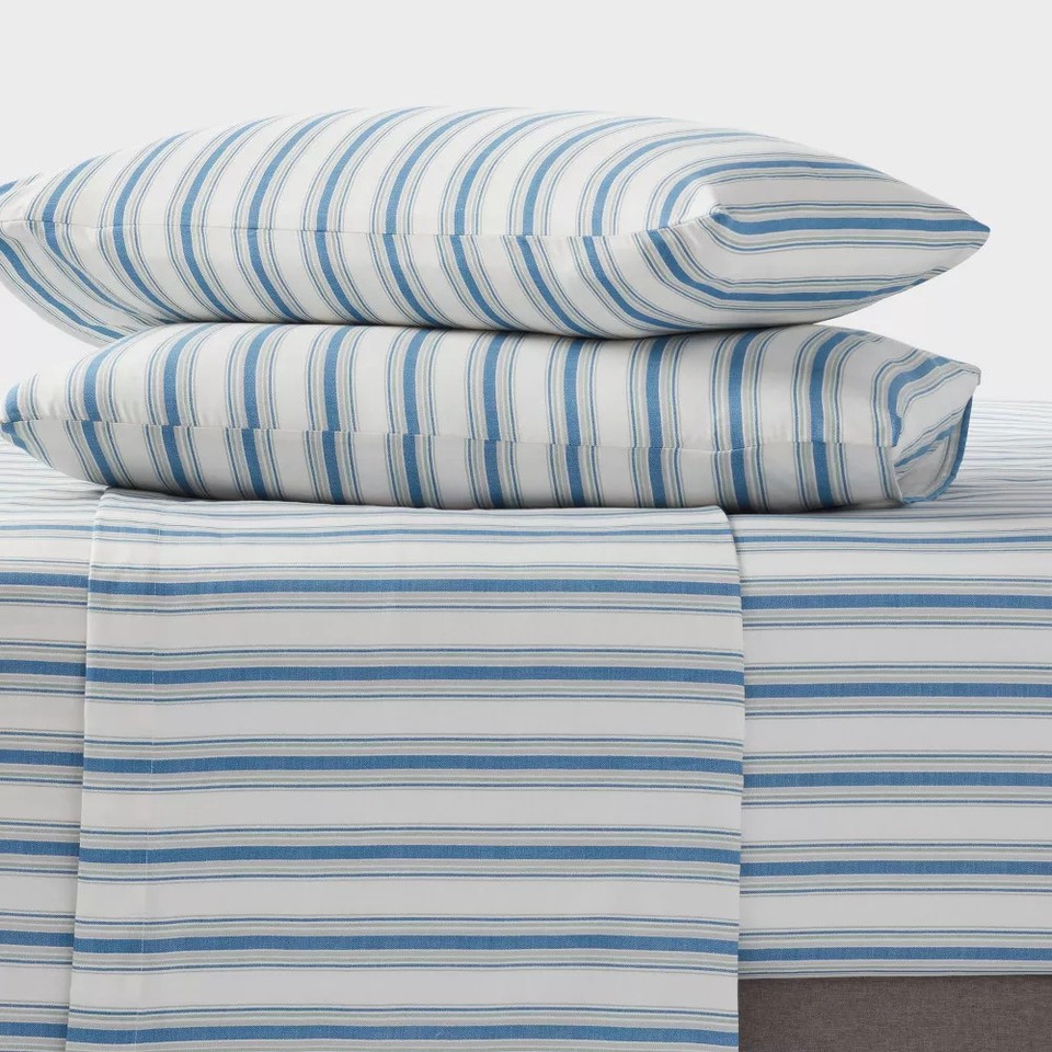 Queen Cotton Blend Sateen Sheet Set Blue/Green Textured Stripe - Room ...