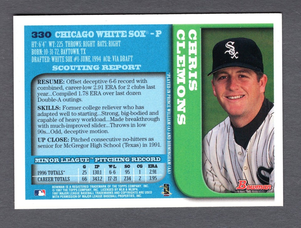 1997 BOWMAN CHRIS CLEMONS ROOKIE CARD #330 **NM-MT** CHICAGO WHITE SOX ...