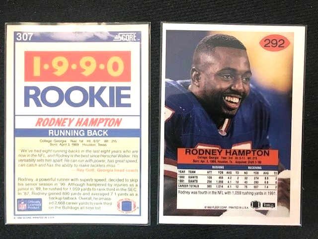 NFL - Rodney Hampton 1990 Score Rookie Card & 1992 Fleer - 2 Card Lot ...