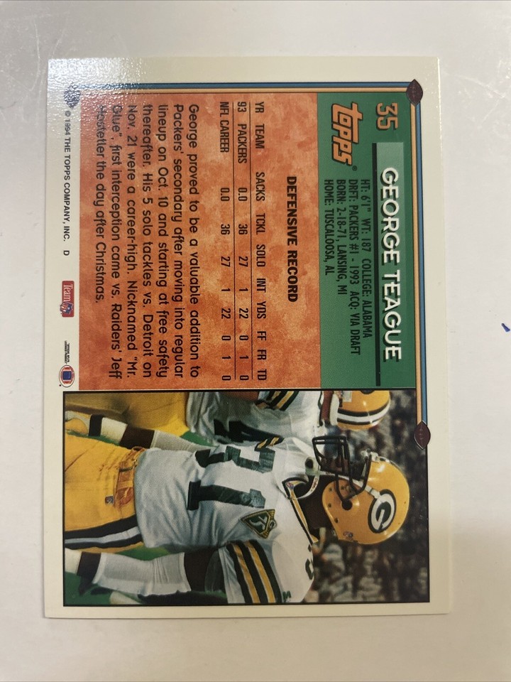 1994 Topps George Teague Autographed Card #35 Green Bay Packers A-136 ...