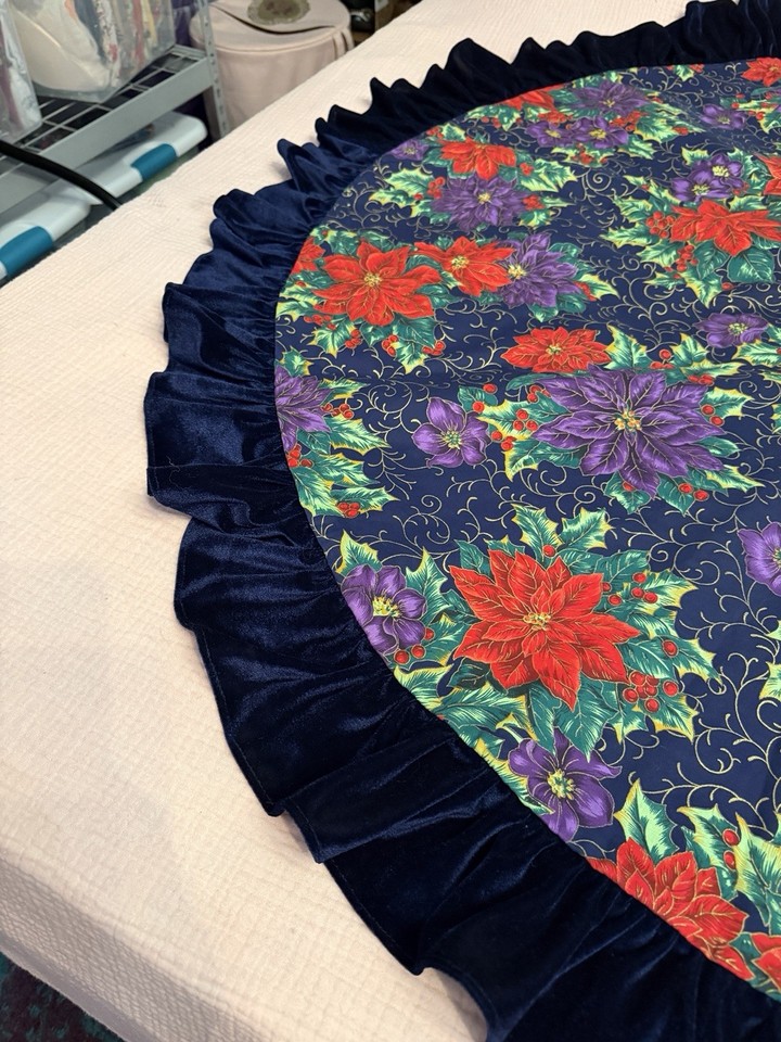 Vtg Prima Floral Velvet Ruffle Christmas Tree Skirt 49” Felt Bottom ...