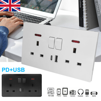 1/2/5X Double Wall Plug Socket 2 Gang 13A With 1 USB+PD Port Outlets ...